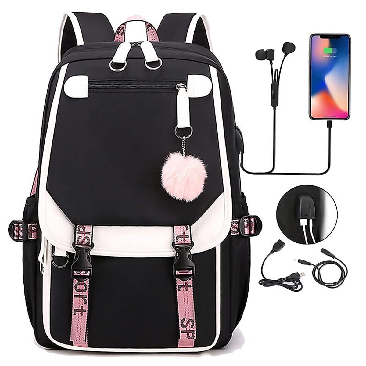egen Kawaii Lightweight Schoolbag with USB Port USB Cable and Earphone Cord Set College Laptop Backpack Travel (Yellow Black,17 Inch)