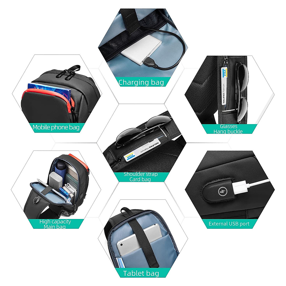 Mens Shoulder Bag for 9.7 inch Tablet,Black Cross-body Chest Sling Pack with USB Charging Port