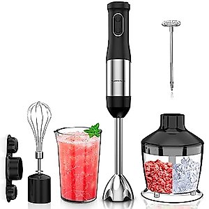 Immersion Blender 7 in 1 Hand Blender Ice Chopper 800W Heavy Duty Motor, 20 Speed and Turbo Mode Handheld Blender Stainless Steel Blade with Ice Crush Blade, Storage Bracket, 500ML Chopper, 600ML Mixing Beaker, Whisk, Milk Frother
