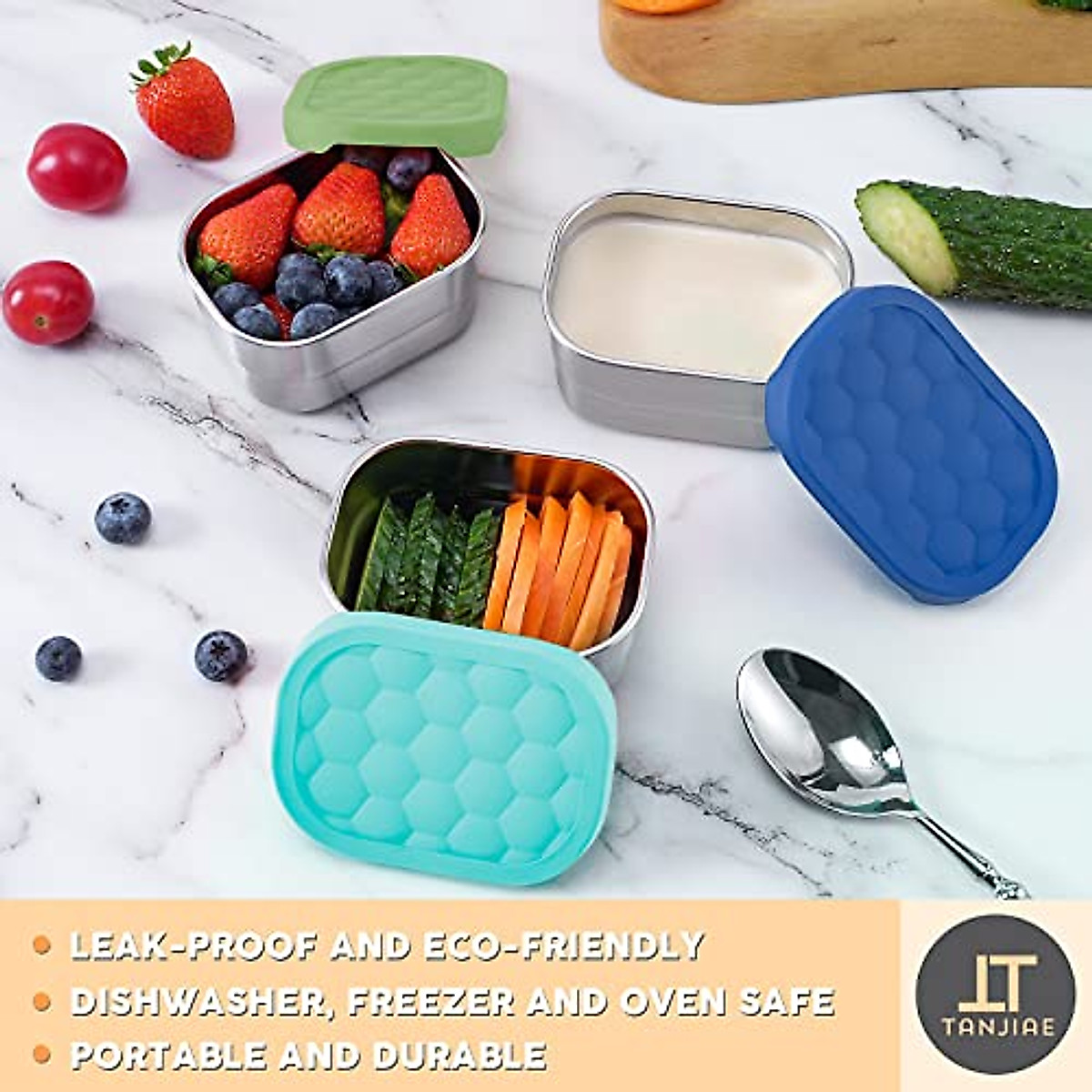 Tanjiae Stainless Steel Snack Containers for Kids | Easy Open Leak Proof Small Food Containers with Silicone Lids - Perfect Metal Toddler Lunch Box for Daycare and School (8oz)