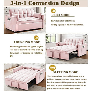 3 in 1 Convertible Velvet Loveseat Futon Couch Bed for Small Spaces - Pull Out Sofa Bed, Adjustable Backrest, Lumbar Pillows (Pink)