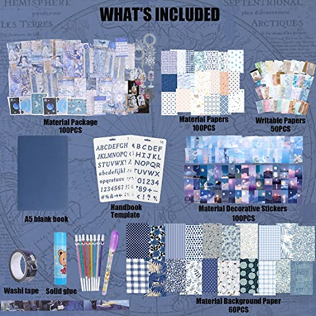 Urradia Scrapbooking Kit for Kids and Adults - 423pcs Blue Space Nature Themed Craft Papers and Stickers