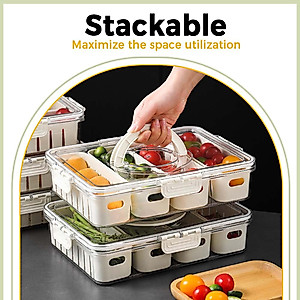 MININAI Divided Serving Tray with Lid and Handle, Snack Box Charcuterie Container Portable Fridge Organizer for Fruits, Veggie, Candy, Nuts, Picnic, Party (2), White