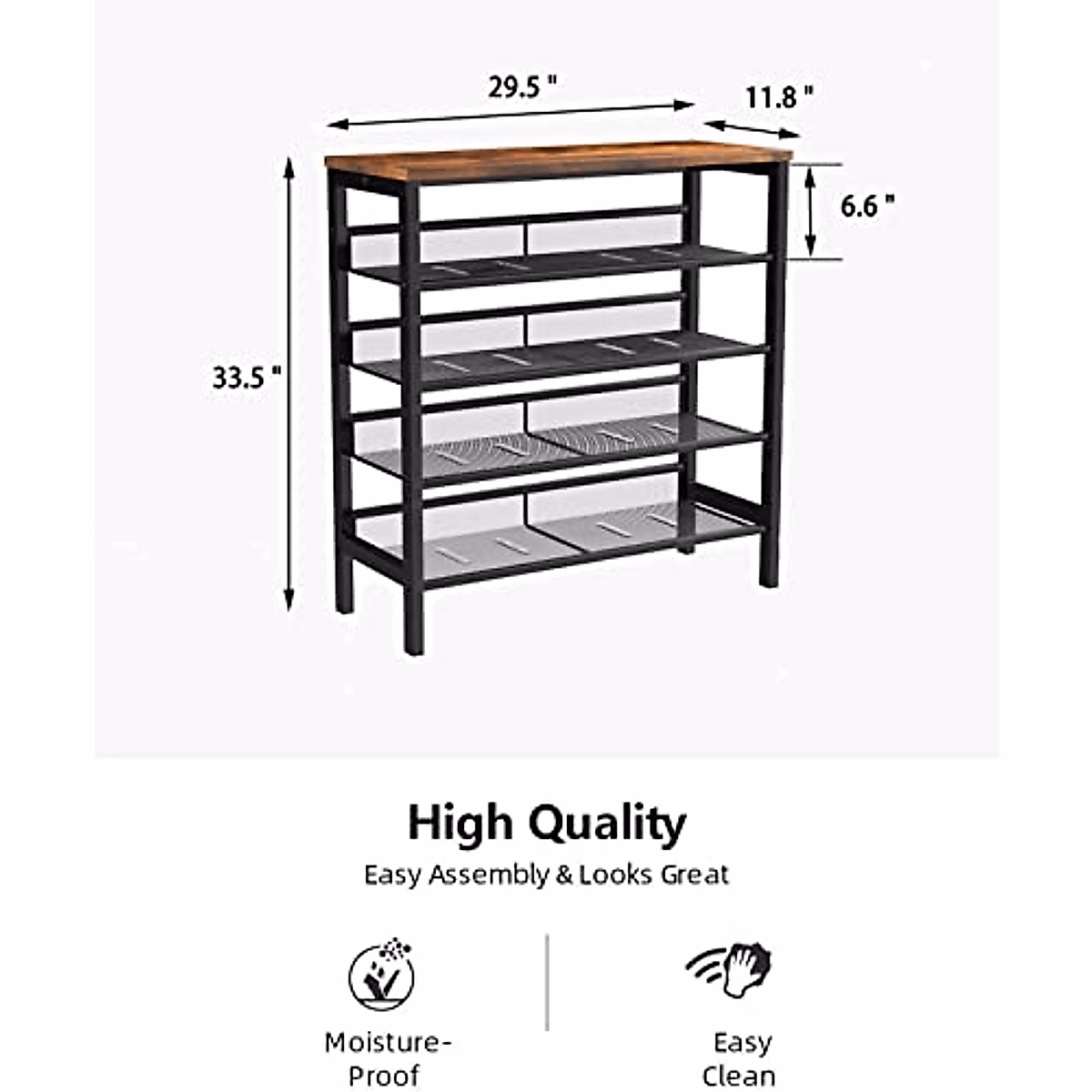 MIERES 5-Tier Shoe Rack, Industrial Shoe Storage Organizer with 4 Metal Mesh Shelves, Sturdy and Easy Assembly, Perfect for Entryway/Hallway/Closet/Bedroom, Rustic Brown, 29.5”l x11.8 ”w x 33.5”h