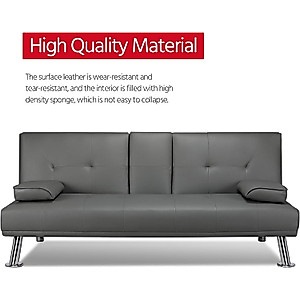 Futon Sofa Bed Modern Folding Couch for Small Space, Faux Leather Convertible Loveseat Sleeper Bed Daybed Recliner Lounge Sofas for Living Room,2 Cup Holders,Metal Legs,Removable Armrests (Gray)