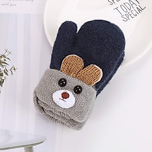 Toddler Baby Knitted Winter Gloves Cable Mittens Cute Cartoon Bear Kids Boys Girls Thermal Thick Fleece Lined Gloves Wool Warm Knit Snow Ski Cold Weather Gloves Children with String Age 0-3Y