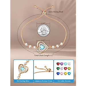 925 Sterling Silver Birthstone Bracelets for Women with 5A Birthstone Zirconia Forever Love Heart Bolo Tennis Bracelet Jewelry Gifts for Mom Her Women,Adjustable Chain Length 9.1 inch
