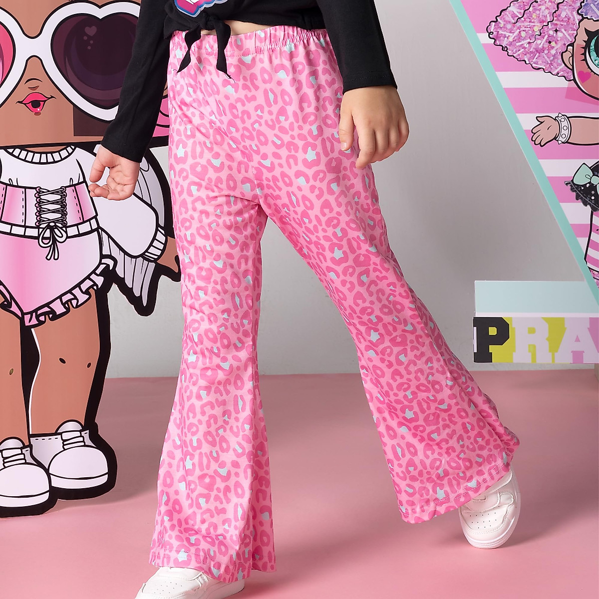 L.O.L. Surprise! Girls 2 Piece Outfits Tie Knot Long Sleeve Tee Top and Heart Pink Bell Bottom Flared Pants Set Black 8-9 Years