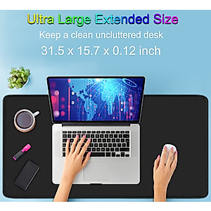 Large Extended Gaming Mouse Pad with Stitched Edges, (31.5X15.7In) Durable Non-Slip Natural Rubber Base, Waterproof Computer Keyboard Pad Mat for Esports Pros/Gamer/Desktop/Office/Home-Black