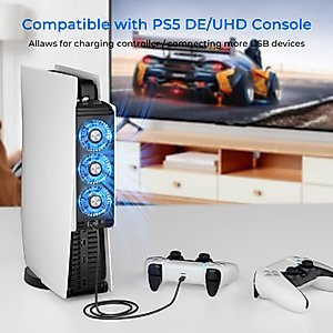 Upgraded PS5 Cooling Fan with LED Light,Quiet and Efficient Cooling System for PS5 Cooler,2 Fan Speeds,3 Small Fans,USB 3.0 Port Compatible with PlayStation 5 Digital & Discs Edition