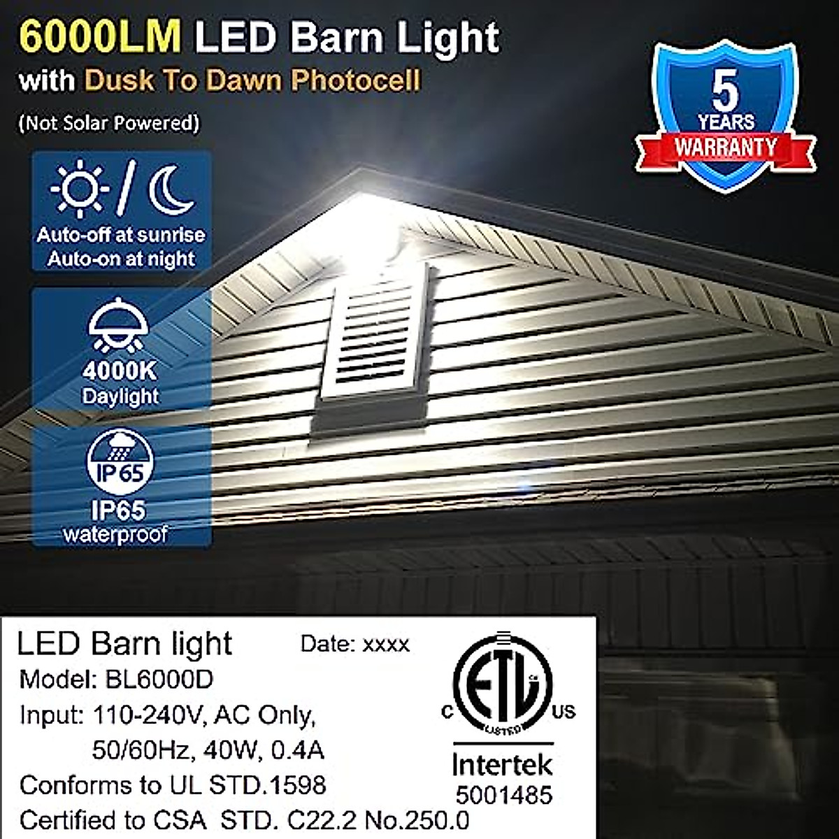 Owleye 6000LM Dusk to Dawn Outdoor Lighting LED Barn Light Security Lights, 42W 4000K Daylight, AC 110-240V, Waterproof Outside Lights for Yard Warehouse Garage