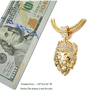 Halukakah 18k Real Gold Plated Men Necklace Large Crown Lion Pendant Lab Diamonds 7mm Sharktail Chain 30", with Giftbox