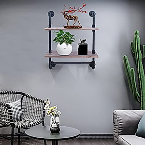 TFCFL 2 Tier Wall-Mounted Industrial Wood Shelving, Rustic Metal Floating Shelves Real Wood Book Shelves Wall Shelf Unit Bookshelf Hanging Wall Shelves for Farmhouse Kitchen Bar, 24x9.89x30.9inch