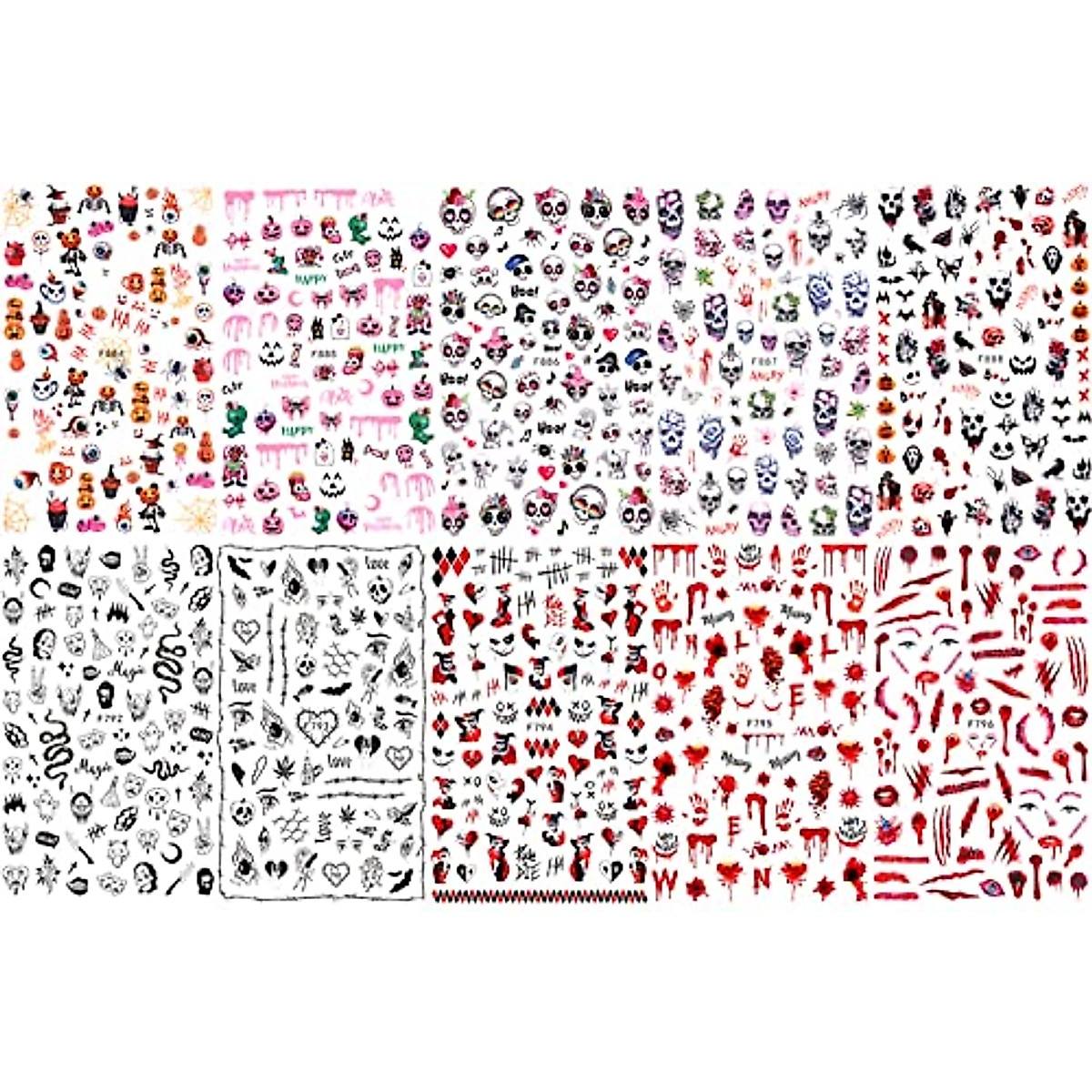 10 Sheets Halloween Nail Art Stickers Decals Self-Adhesive Pegatinas Uñas Cute Horror Scream Skull Darkness Red Harley Quinn Joker Nail Supplies Nail Art Design Decoration Accessories