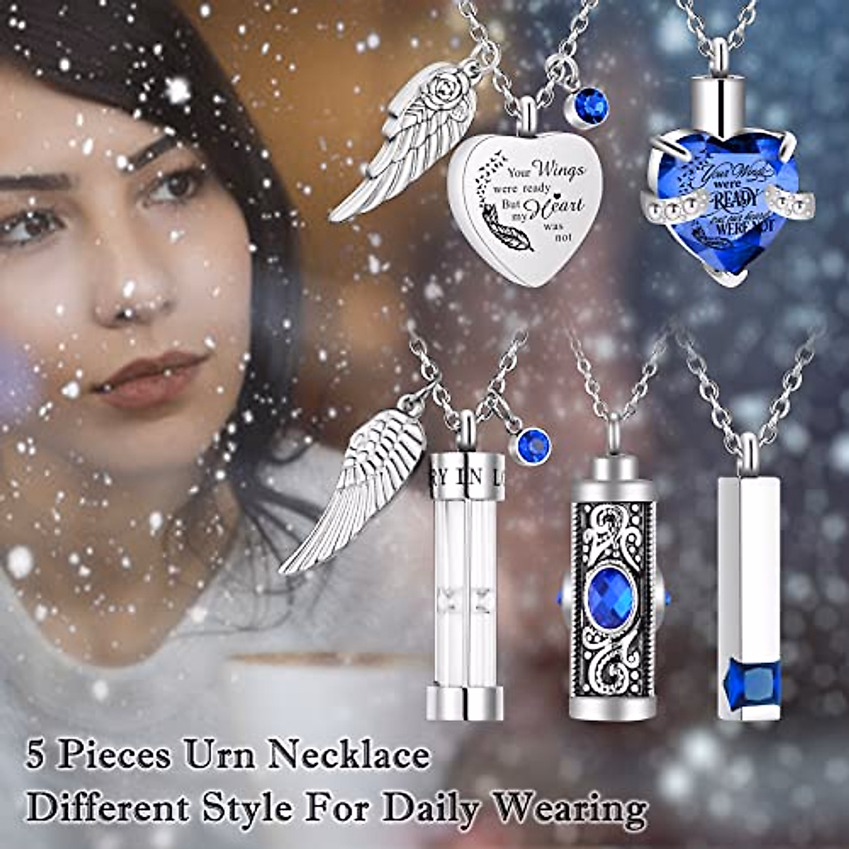 SOITIS 5 Pieces Urn Necklace for Ashes Bar Zircon Crystal Cremation Necklace for Ashes Heart Keepsake Cremation Jewelry Hourglass Ash Necklace for Human Ashes - Dark Blue