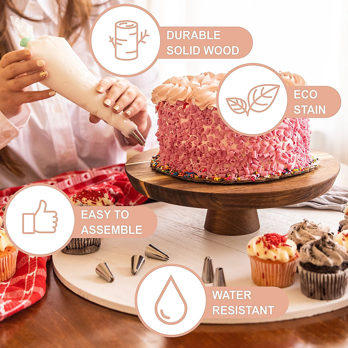 Swivel Convertible Base Acacia Wood Cake Stand, Wedding Cake Stand, Wooden Cake Stands for Snacks and Desserts. Rustic Cake Stand for Cupcakes, and Rustic Cake Stands for Wedding Cakes.