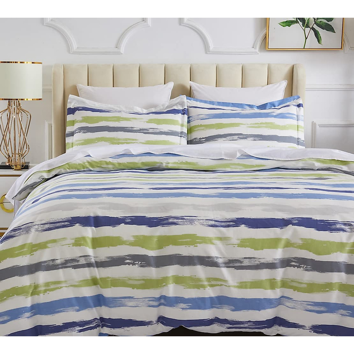DAUAOTO Queen Size 90"X90" Duvet Cover Set, Print Cotton Teens Kids Bedding, Green Blue Striped