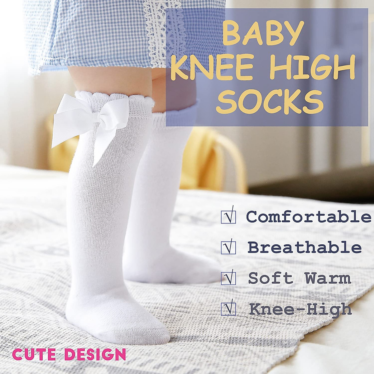 Marchare Baby Girls Knee High Socks Baby Girls Bow Stockings Cotton Uniform Stockings Dress Socks 3 Pack,White 0-3 months