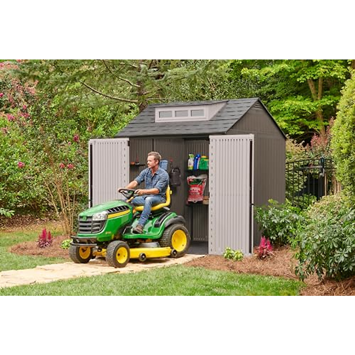 Rubbermaid Large Resin Outdoor Storage Shed With Floor (7 x 7 Ft.), Weather Resistant, Brown, Organization for Home/Lawn Mower/Backyard Equipment/Bike Storage/Pool Supplies