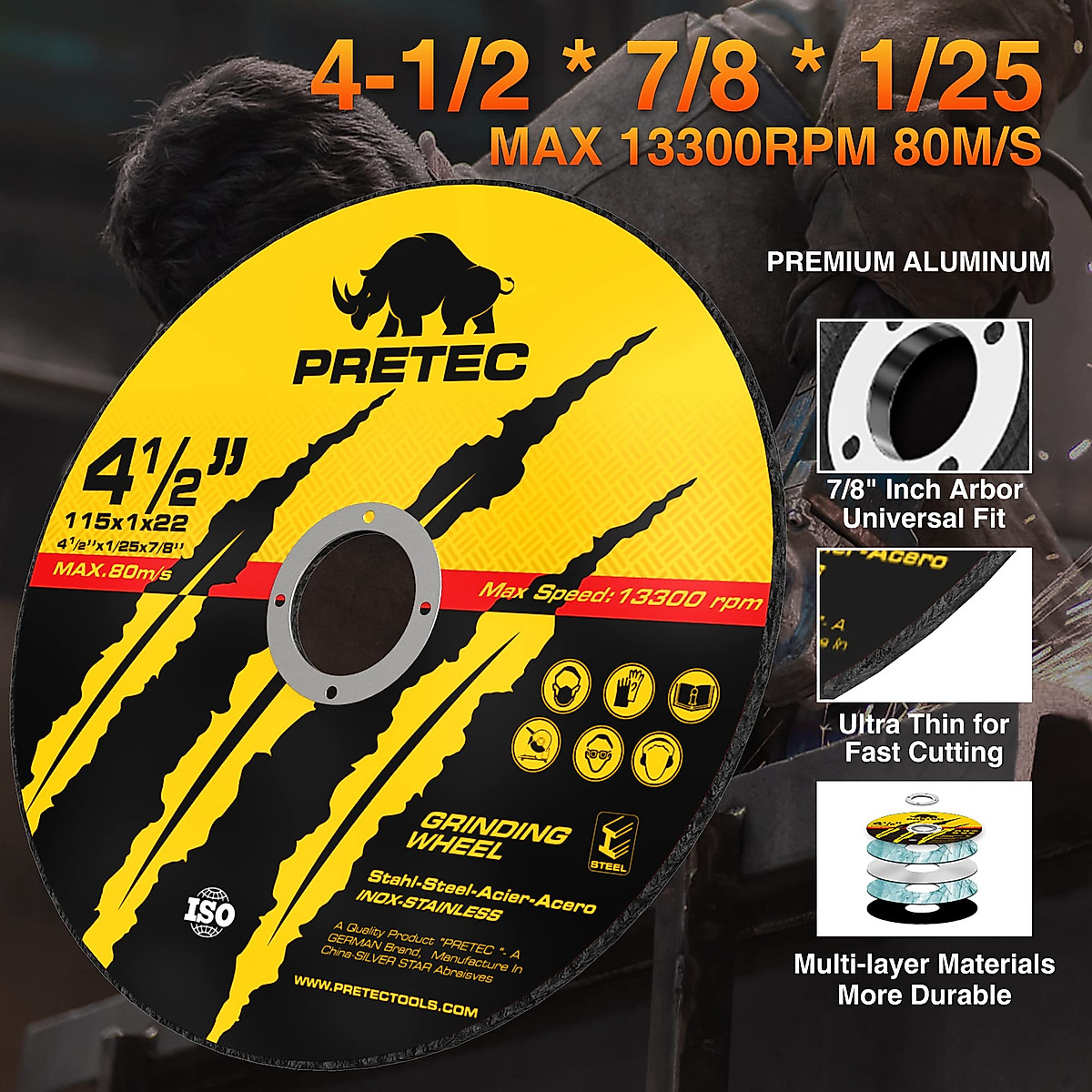 Cut Off Wheels 4-1/2", PRETEC 50+5 Pack Metal Cutting Wheel,Thin 4.5” Metal & Stainless Steel Fast Cutting Discs for Angle Grinder - 7/8" Arbor Hole