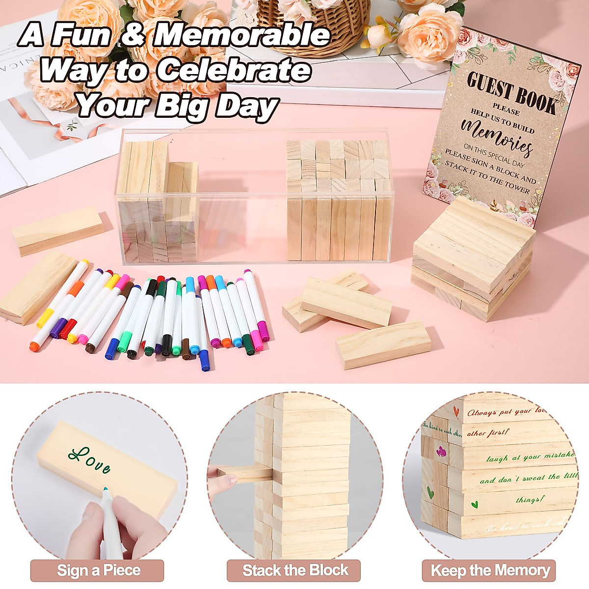 Beeveer 80 Pcs Wedding Guest Book Alternative Wooden Block Guest Book for Wedding Sign in Wedding Book Wooden Block Wedding Games Bridal Shower Game for Wedding Sign in, Reception (Flower)