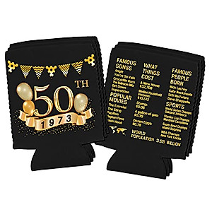Yangmics 50th Birthday Can Cooler Sleeves Pack of 12- 50th Anniversary Decorations- 1973 Sign - 50th Birthday Party Supplies - Black and Gold Fiftieth Birthday Cup Coolers