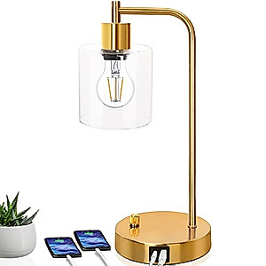 Gold Industrial Table Lamp with 2 USB Ports, Elizabeth Vintage Desk Lamp, 3-Way Dimmable Bedside Reading Lamp with Glass Shade for Bedroom Living Room Office, LED Nightstand Lamp with Edison E26 Bulb