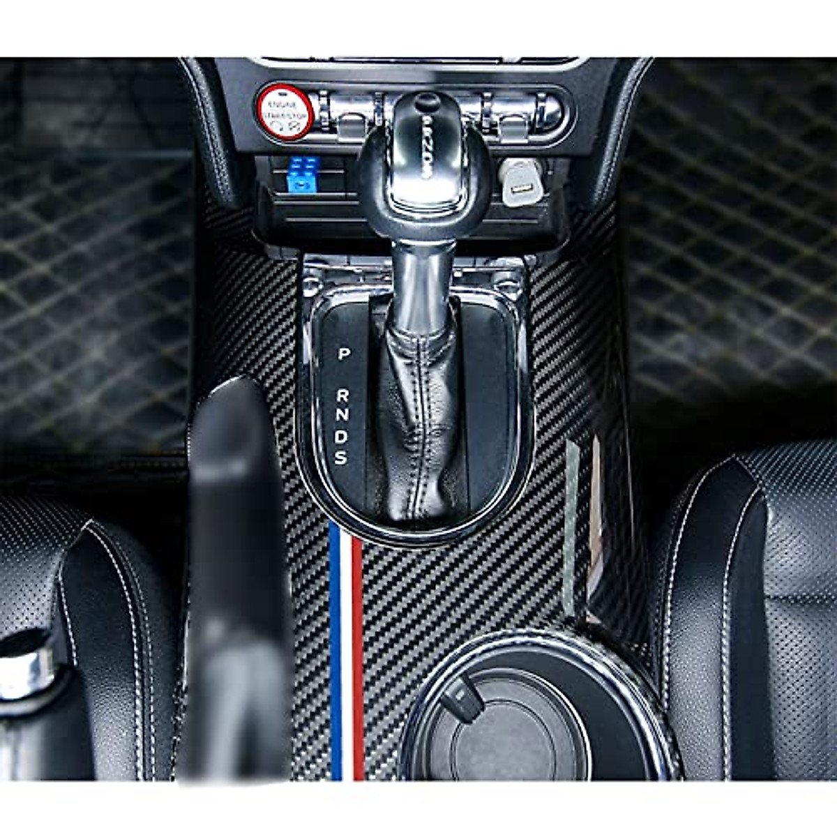 Xotic Tech Center Console Gear Water Cup Panel Cover Trim, Genuine Soft Carbon Fiber with 3 Color Strips, Compatible with Ford Mustang 2015-up