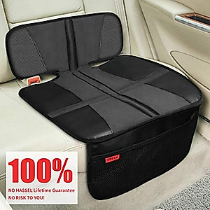 Kaiphy Car Seat Protector - Seat Protection Mat - Thick Padding - Durable, Waterproof Fabric, Leather Reinforced Corners & 3 Pockets for Handy Storage Black