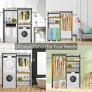 YEPOTUE Clothes Drying Rack, 4 Tiers Laundry Room Organization and Storage with Adjustable Shelves, Heavy-Duty Over Washer and Dryer Shelves Space Saver Closet Rack Towel Storage Black