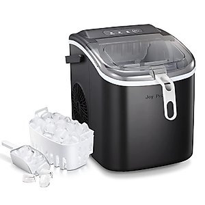 Joy Pebble Bullet Ice Maker Countertop with Handle,9 Bullet Ice Cubes Ready in 6 Mins,26Lbs/24H, Self-Cleaning Portable Ice Machine with Basket and Scoop, for Home/Kitchen, Black