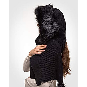 Futrzane Faux Fur Hooded Scarf for Women - Versatile Knitted Cowl for Winter (Black - Black Raccoon)