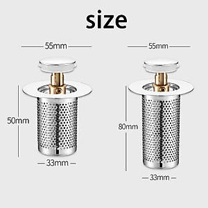 Stainless Steel Floor Drain Filter,Bathtub Sink Strainer,Pop-up Sink Filter,Copper Core Drain Filter with Removable Stainless Steel Filter Screen for Bathroom Kitchen (Long-2PCS)