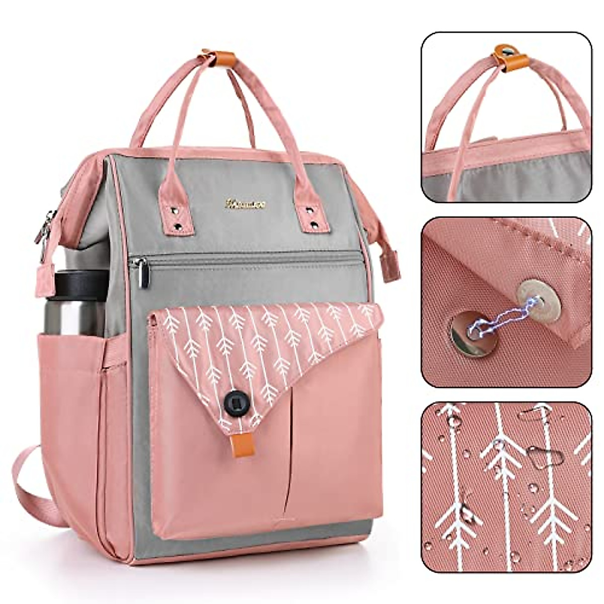 MOMUVO Travel Backpack for Women Laptop Backpack 15.6 Inch,School College Bookbag Work Bag with USB Charging Port,Casual Daypack Teacher Backpack Pink Grey