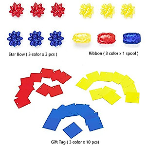 LeZakaa Solid Wrapping Paper Bundle with Gift Bows & Gift Tags, Curling Ribbon - 30" x 120" x 3 Roll - Red, Yellow & Blue Design