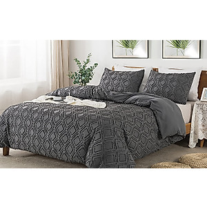 Lamourbear Jacquard & Tufted Geometric Grey Duvet Cover Queen Size Bedding Set, Soft, All Seasons, with Double-end Sliders Zipper Closure, 8 Ties, 3 Pieces (2 Pillowcase, 1 Duvet Cover), Q Dark Grey