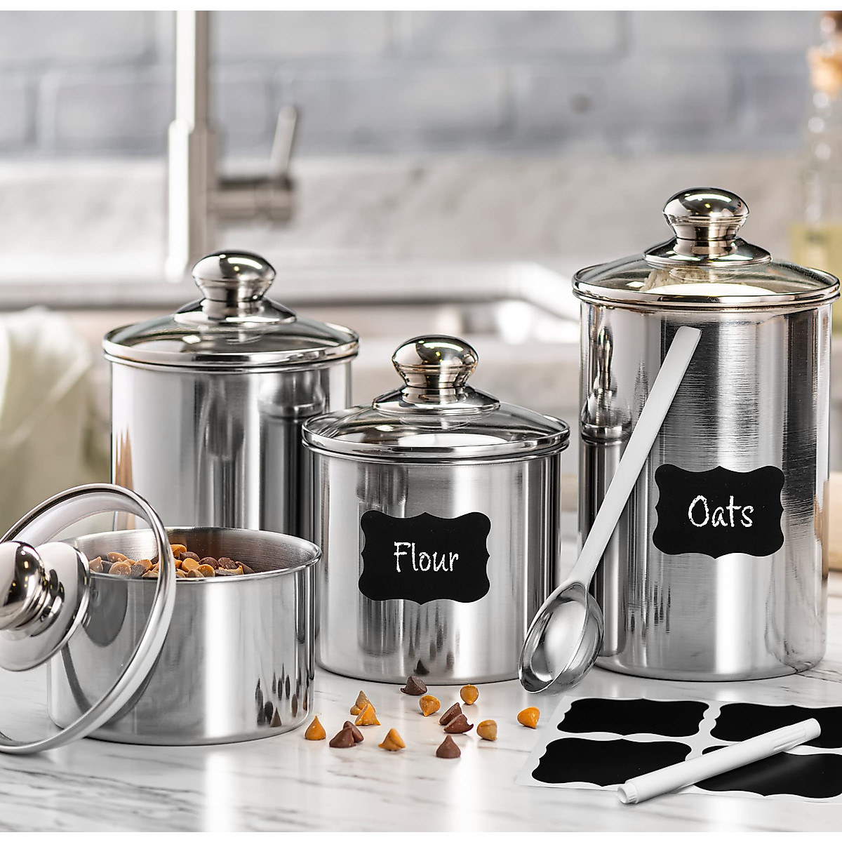 Set of 4 AIRTIGHT STAINLESS STEEL CANISTER SET for Kitchen Counter with GLASS LIDS + MARKER, LABELS, & SCOOP, Kitchen Canisters Ideal for Coffee, Flour, Sugar, Candy, Spices, Food Storage Cookie Jar
