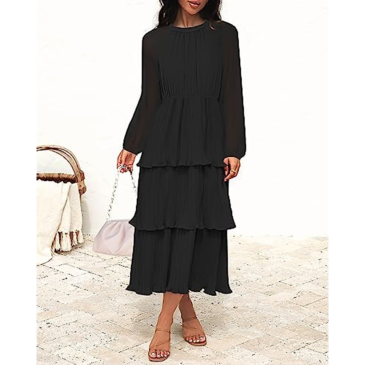 ZESICA Women's 2023 Long Sleeve Crew Neck Ruffle Tiered Layered Chiffon Flowy Swing Long Midi Dress,Black,Large
