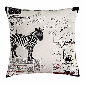 Ambesonne Grunge Throw Pillow Cushion Cover, Modern Textured Savannah Animal Zebra on Retro Typographic Background Print, Decorative Square Accent Pillow Case, 16" X 16", Black Cream