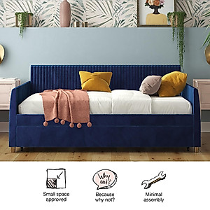 Mr. Kate Daphne Upholstered Daybed with Roll Out Trundle, No Box Spring Needed, Twin/Twin Size, Blue Velvet