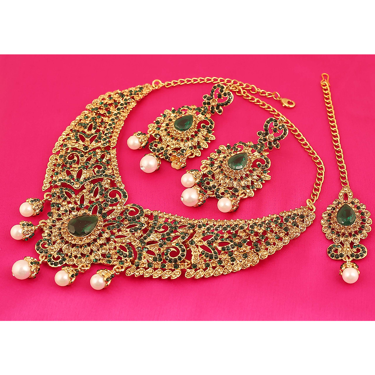 Touchstone New Indian Bollywood Desire Traditional Filigree Faux Green Emerald Color Exclusive Grand Bridal Jewelry Necklace Set in Antique Gold Tone for Women
