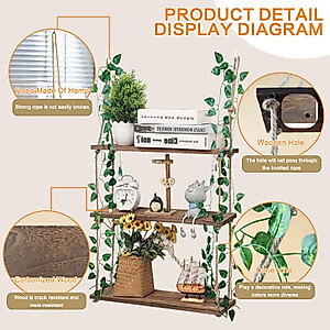 SNOMEL Set of 3 Wood Hanging Shelves with Artificial Ivy & Woven Rope, Rustic Floating Wall Shelves, Hanging Plant Shelf Rack Display for Storage Bedroom Living Room Farmhouse Home Decor