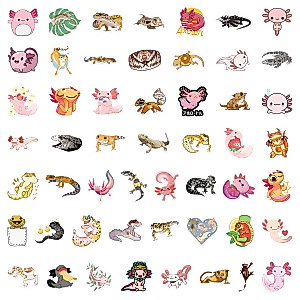 Cute Reptiles Stickers, 52Pcs Vinyl Waterproof Axolotl Stickers, Gifts for Kids, Women,Teens Classmate Colleagues,Adults