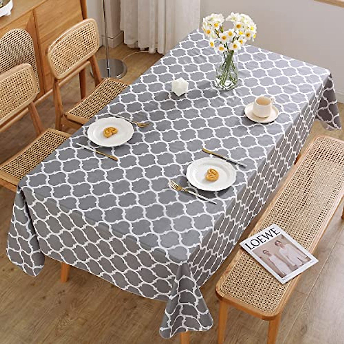 Vinyl Tablecloth Rectangle with Flannel Backing, 100% Waterproof & Oil Proof Plastic Tablecloth, Heavy Duty Table Cover for Dining Table, Indoor & Outdoor Use(Rectangle, 52" x 70" (4-6 Seats), gray)