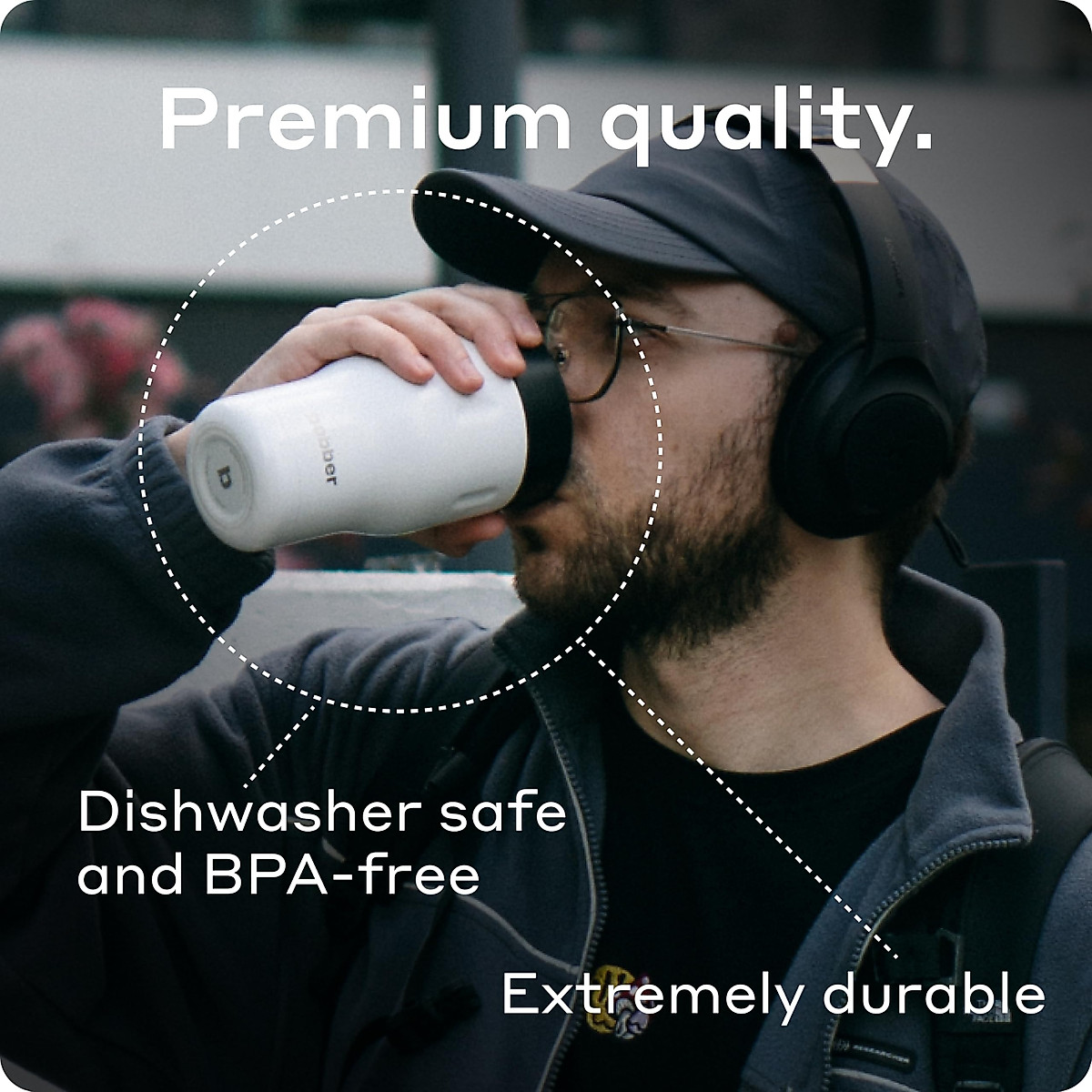 BOBBER 12 oz Stainless Steel Insulated Coffee Cup with Lid – 100% Spill-Proof Commuter Mug for Car Cup Holder – Dishwasher Safe Thermal Coffee Mug for Men, Women, Keeps Hot for 6 Hours (White)