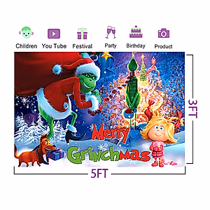 Snowing Backdrop for Xmas Party Supplies 5x3ft Santa Claus Grinch Photo Background Merry Christmas Photography Backdrop Grinchmas Banner