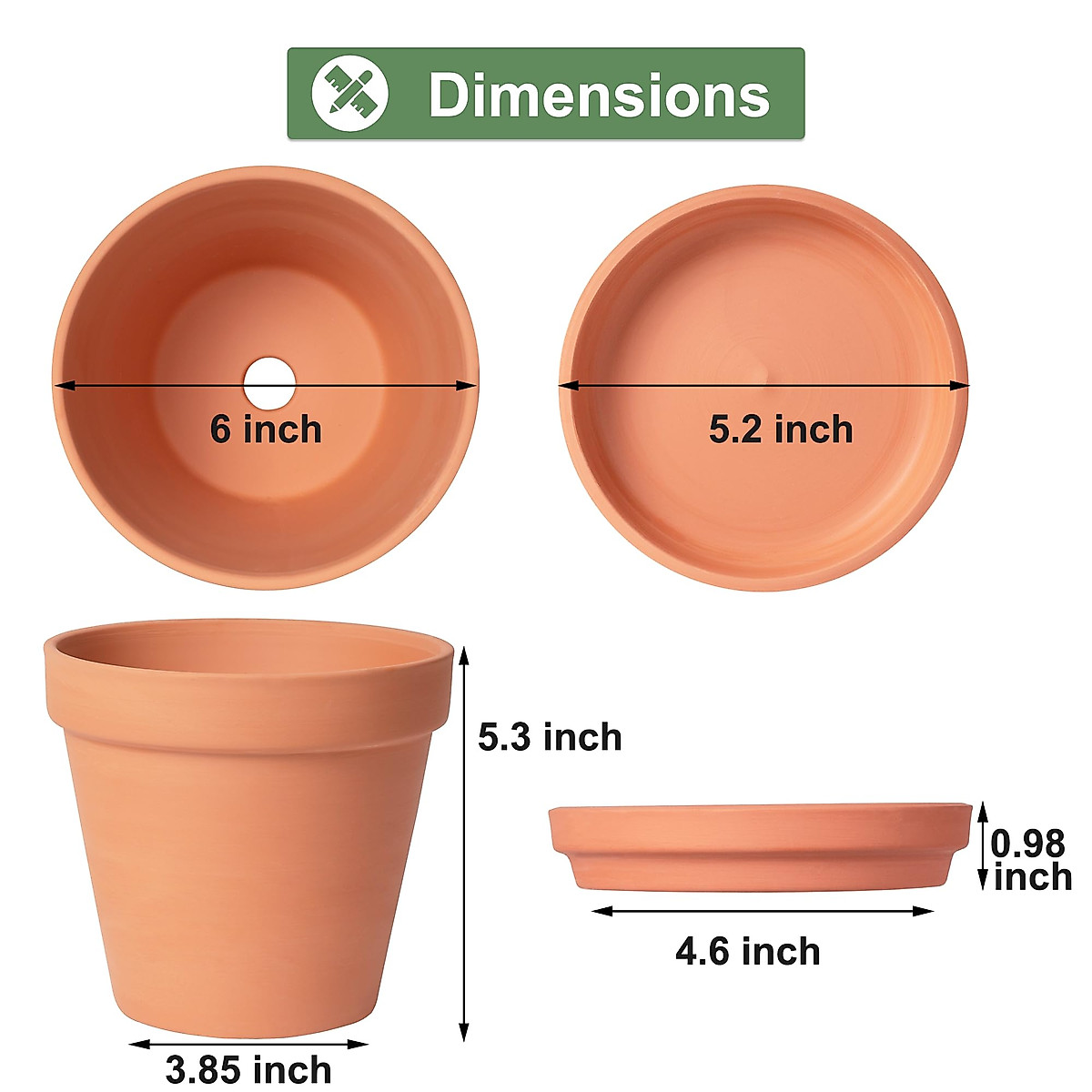 6 inch Clay Pots for Plants with Saucer, Large Terra Cotta Plant Pots with Drainage Hole, Flower Pots with Tray, Terracotta Pots for Indoor Outdoor Plant - Pack of 4 Planters