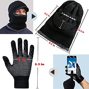 T WILKER 2Pcs Winter Knit Beanie Balaclava Hat Anti-Slip Touch Screen Mittens Set Thermal Ski Mask Cap Unisex for Womens Mens Black
