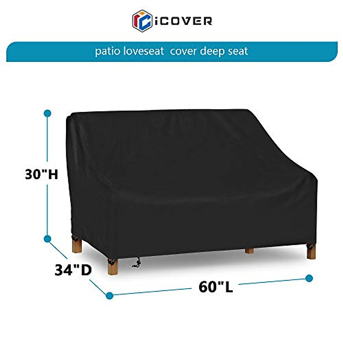 iCOVER Patio Sofa Cover, Waterproof 2-Seater Deep Lounge Loveseat Cover, Lightweight Easy On/Off, Buckles Drawstring Design,60"x34"x30" (LxDxH)