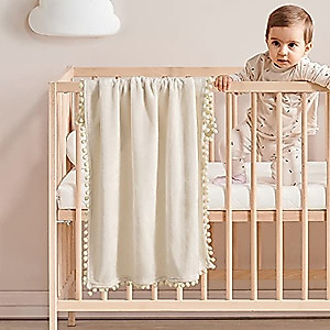MIULEE Fleece Baby Blanket with Pompom Tassel for Boys, Girls, Kids, Infant, Newborn Soft Flannel Cozy Throw Blanket Fuzzy Plush Warm Boho Decor for Crib Stroller Nap 30"x40" Cream White
